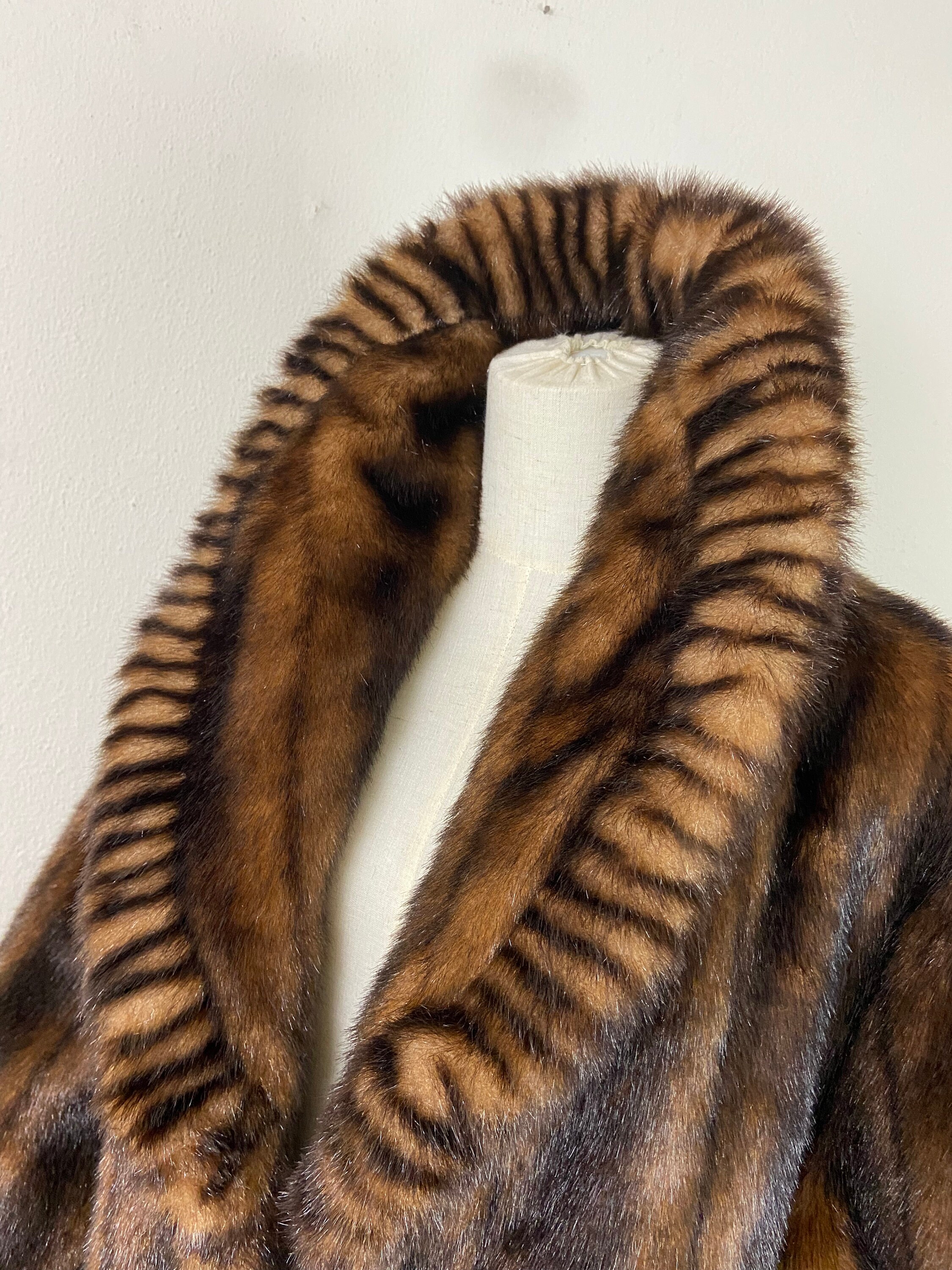 Vintage 90s Brown and Beige Modacrylic Whit Faux Fur Collard Winter Coat by Dennis Basso ...