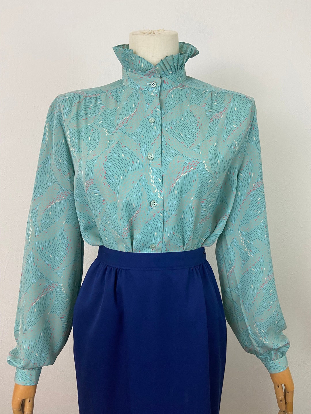Vintage 80s Agua Blue Print Silk Crepe Ruffle Collar Blouse By