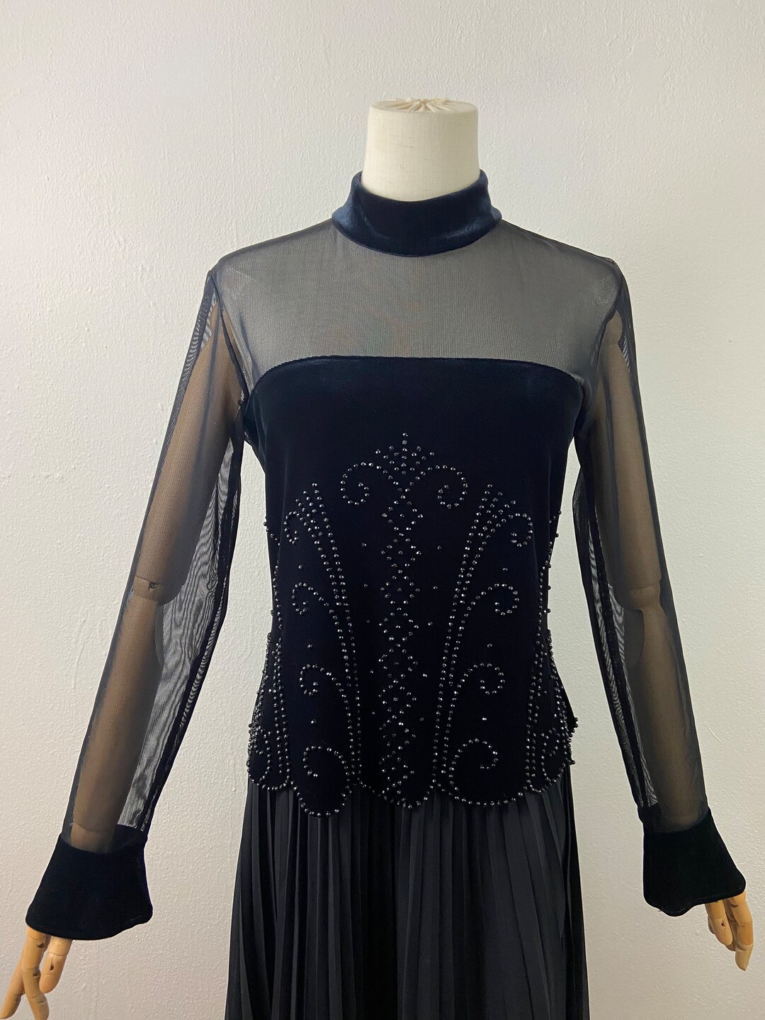Vintage 80s Black Velvetier Novelty Top With Sheer Long Sleeves Party ...