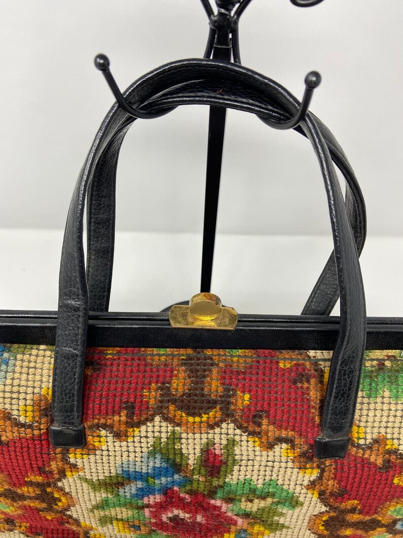 Vintage 50s to 60s Rose Frame Carpet Bag Leather Handler, Floral ...