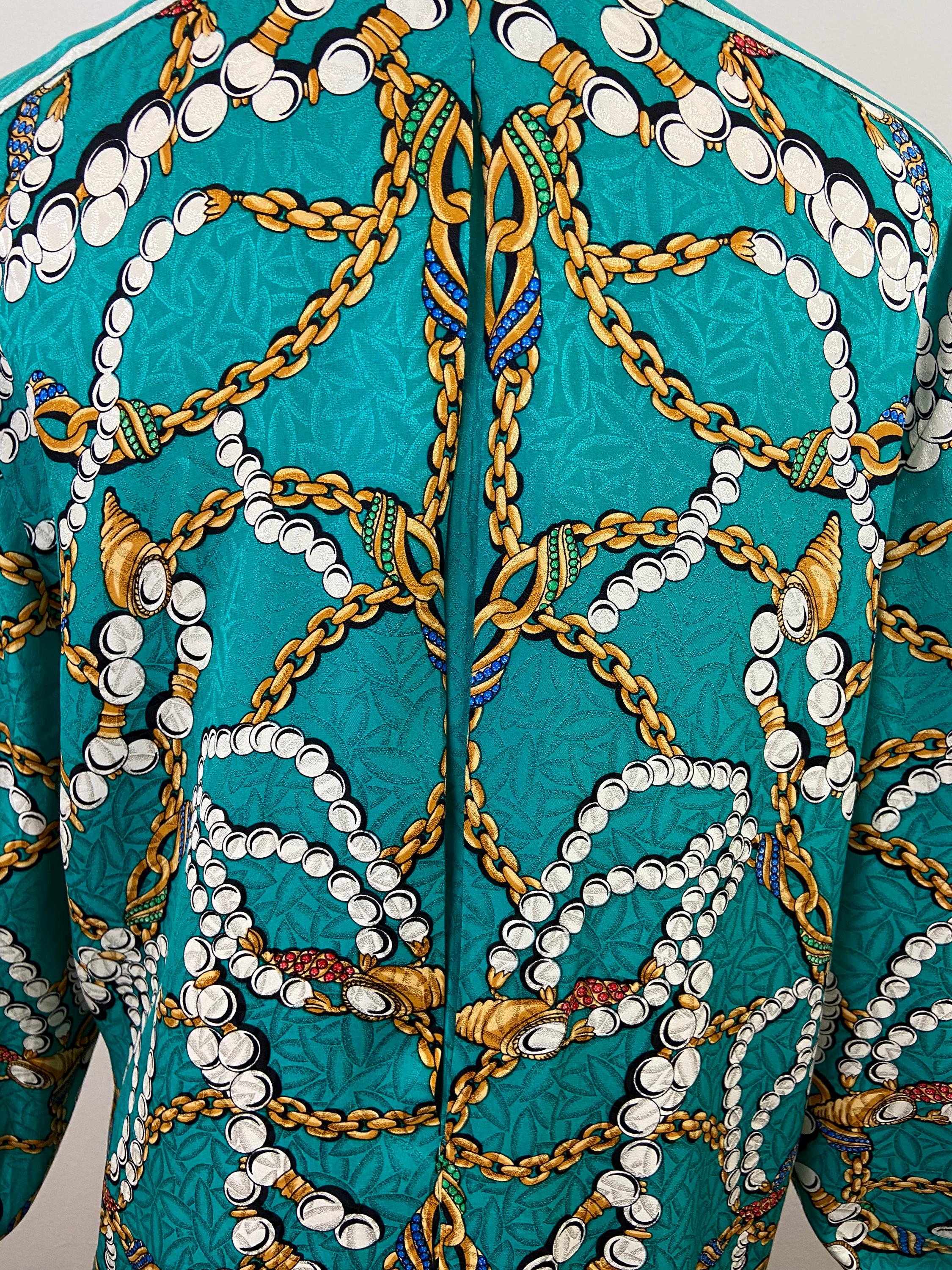Vintage 80s Elegant Turquoise Chains and Pearls Print 100% Jacguard ...
