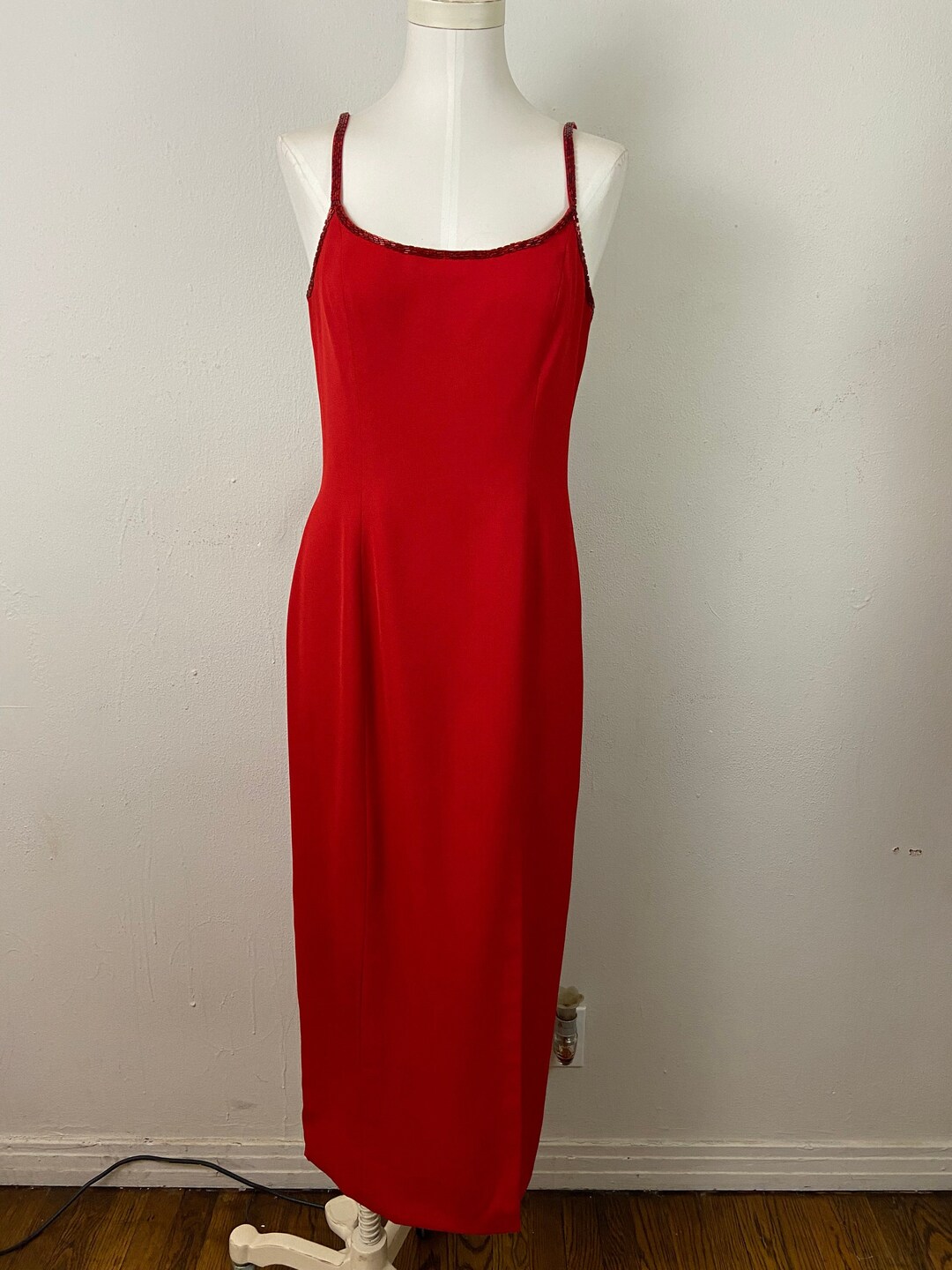 Vintage 90s Embellished Cross Stripes Back and Shoulder in Carmesí Red Pencil Line Maxi Formal ...