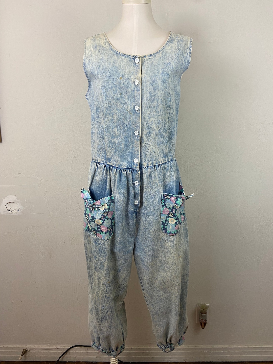 Vintage 80s Stone Wash Denim Sleeveless Romper by Misty Rose, Acid Wash ...