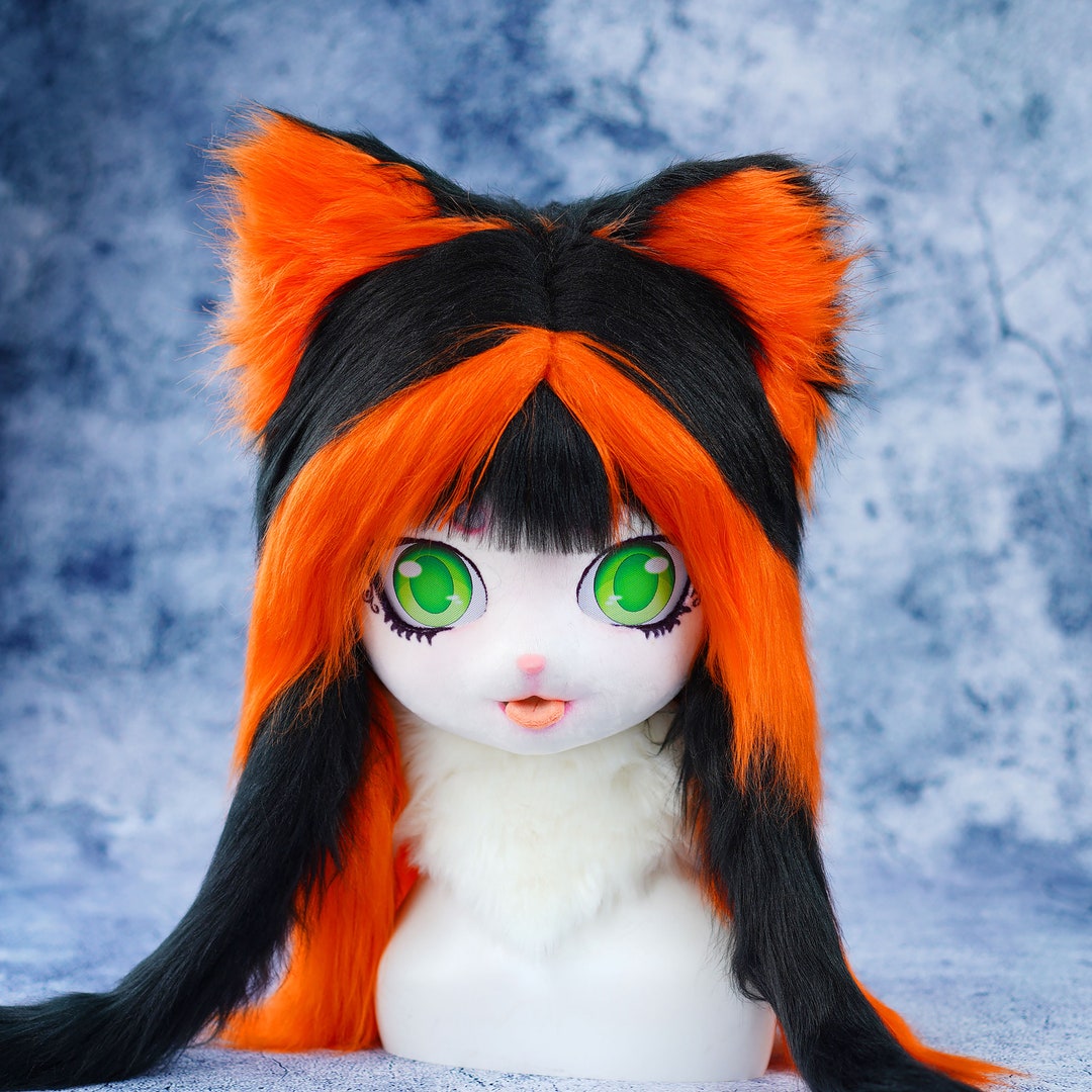 Black and Pumpkin Halloween Kitten Kigurumi Mask, Soft Plush Furry Cat ...