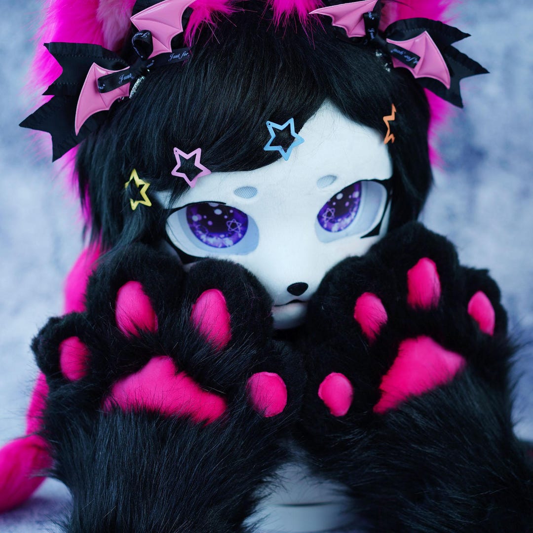 Handmade Hot Pink Black Kigurumi Fursuit Head Mask With Follow Me Eyes
