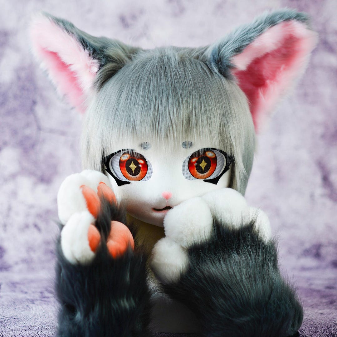 Adorable Kigurumi Cat Head and Paws Set – Gray Fur, Red Eyes, Pink Ear ...