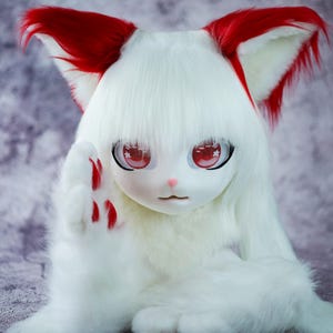 Red&white Kigurumi Fursuit Head Mask With Follow-me-eyes Handpaws Set ...