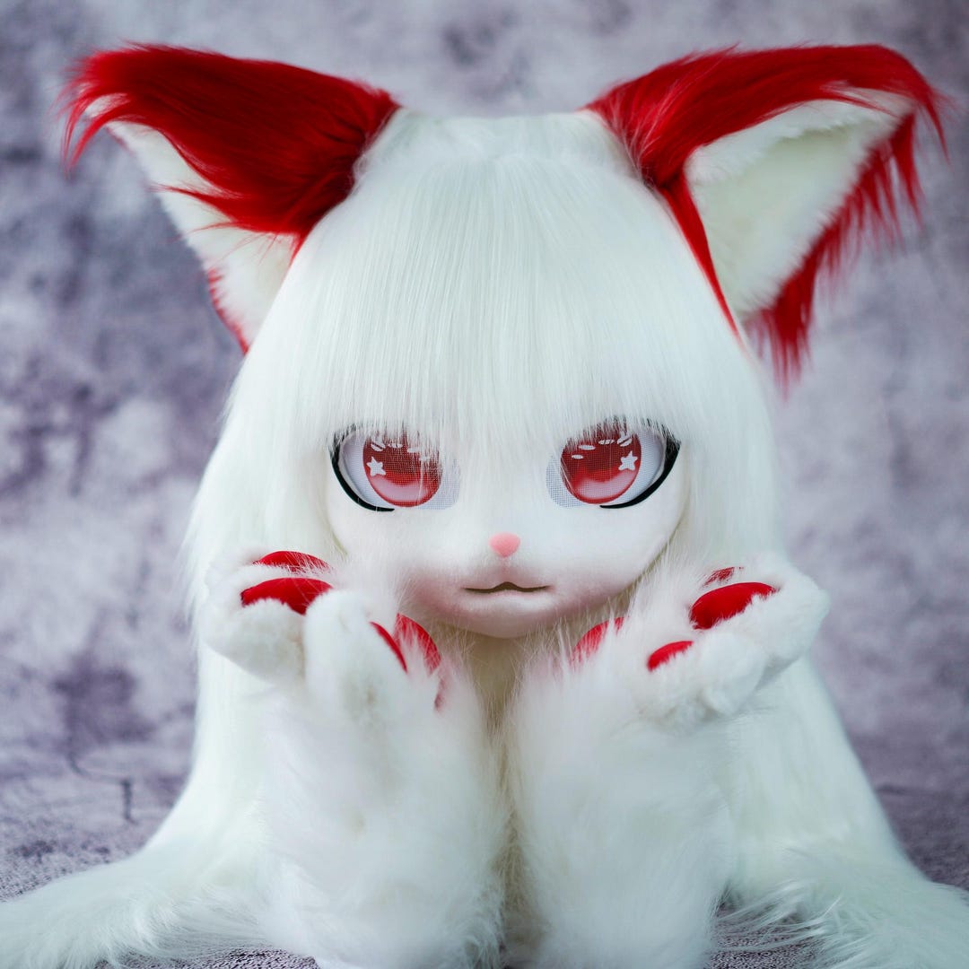 Red&white Kigurumi Fursuit Head Mask With Follow-me-eyes Handpaws Set ...