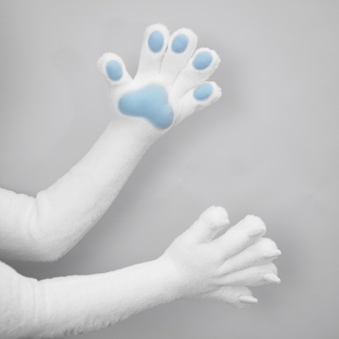 Long Arm Faux Fur Paws Slimming Cosplay Paw Gloves | White Blue Fox ...