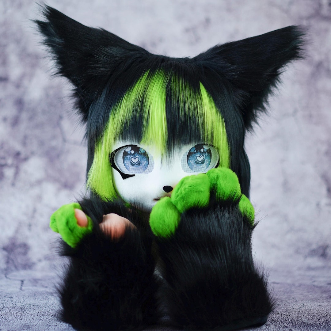Black and Fruit Green Kigurumi Mask With Matching Hand Paws – Vibrant ...