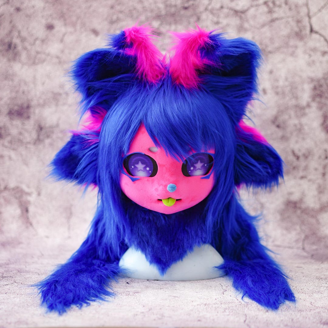 Kigurumi Fursuit Head Alien Style, KIG Mask Hot Pink Face Sapphire Hair ...