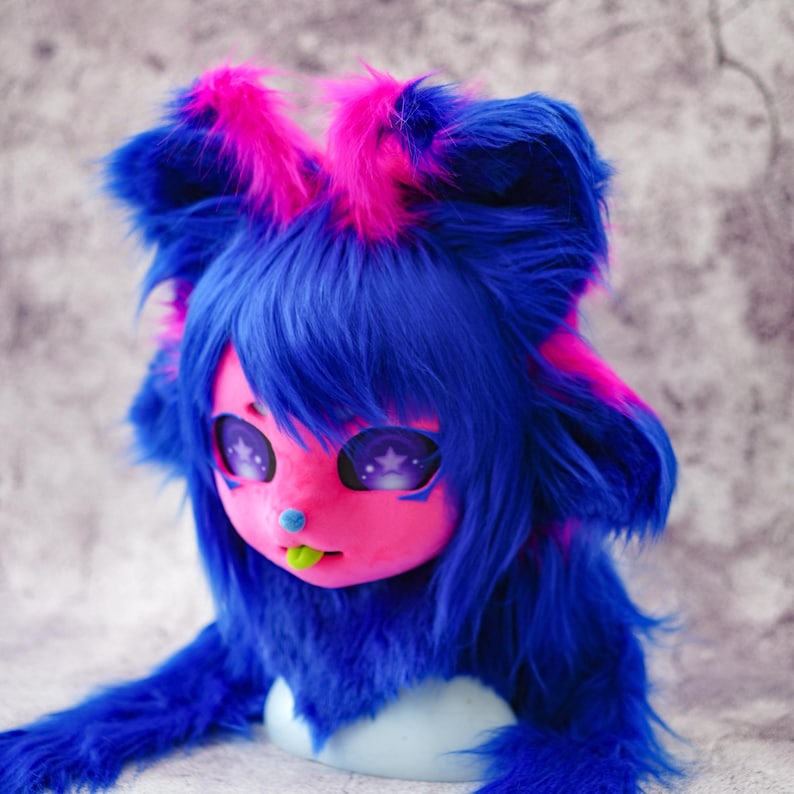 Kigurumi Fursuit Head Alien Style, KIG Mask Hot Pink Face Sapphire Hair ...