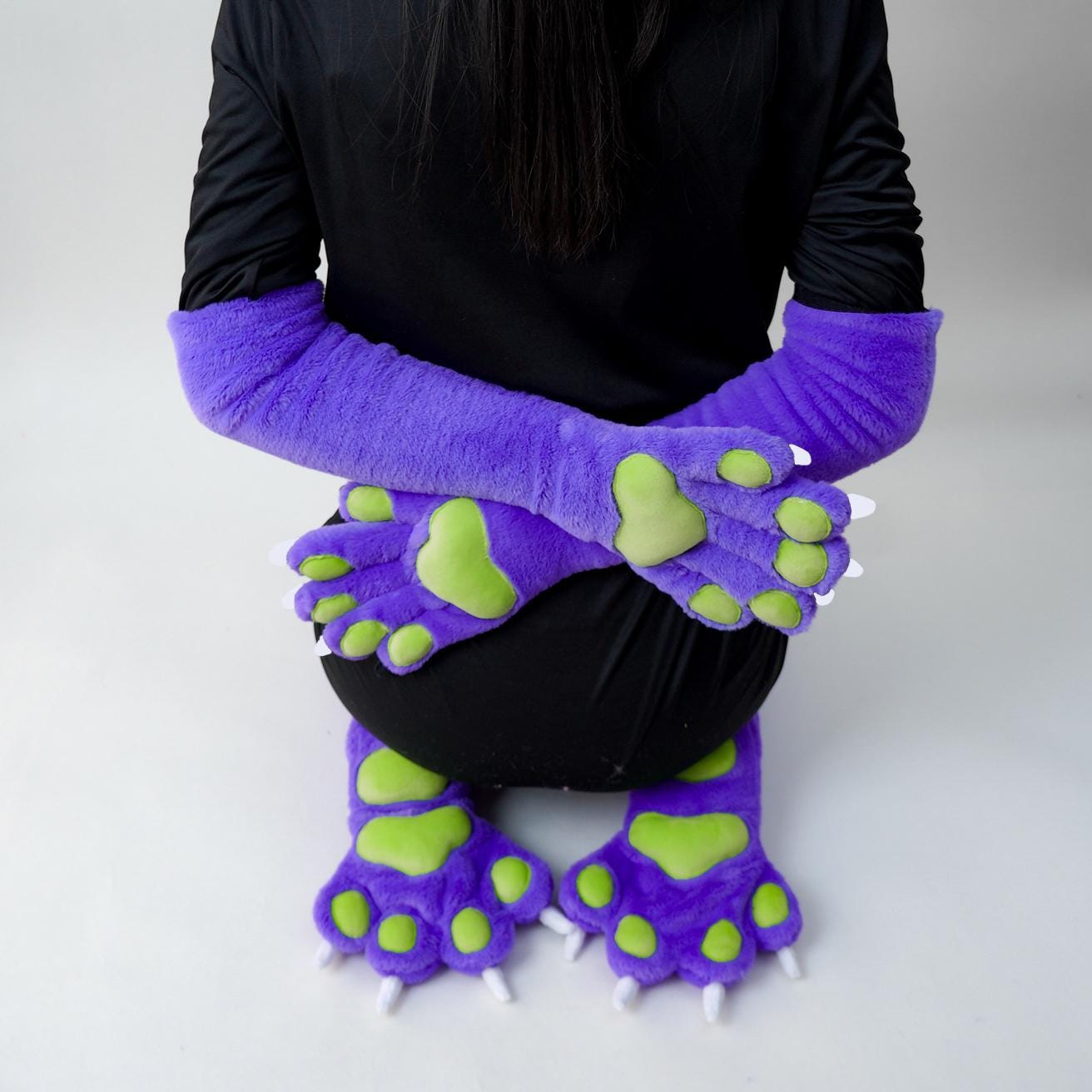 Slim Faux Fur Paws & Feetpaws Set, Violet Green Furry Handpaws ...