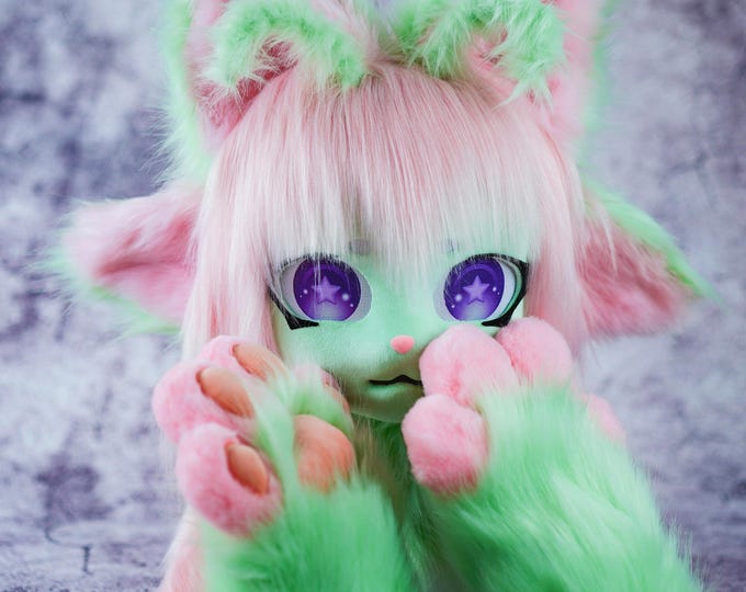 Halloween Limited Green Cat Kigurumi Mask Furry Mask With Matching Paws ...