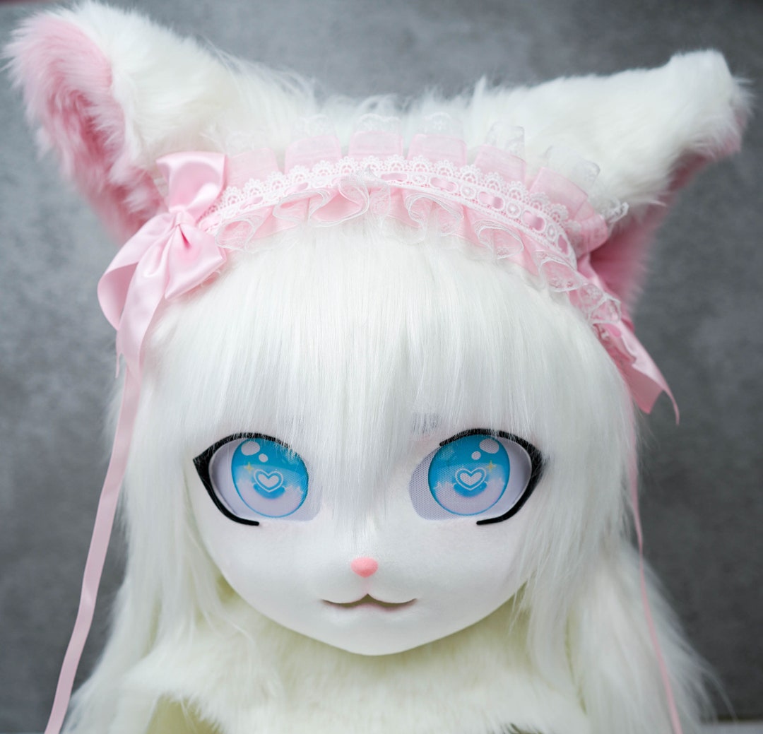 Whiter Hair Cute Furry Mask Head, Kig Cat Fursuit Mask Head, Cat Kemono ...
