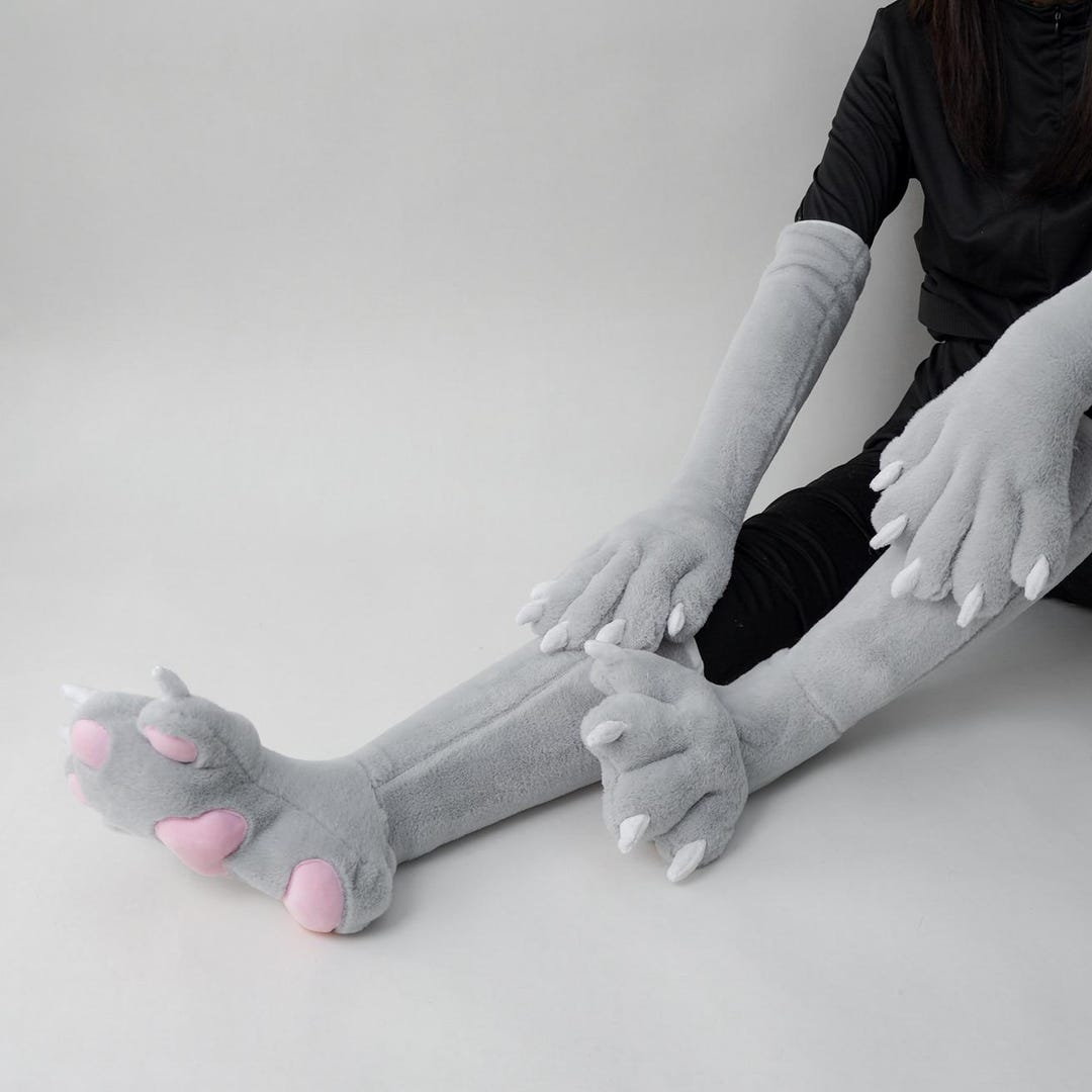 Slim Faux Fur Paws and Feetpaws Set, Realistic Grey Wolfdog Handpaws ...