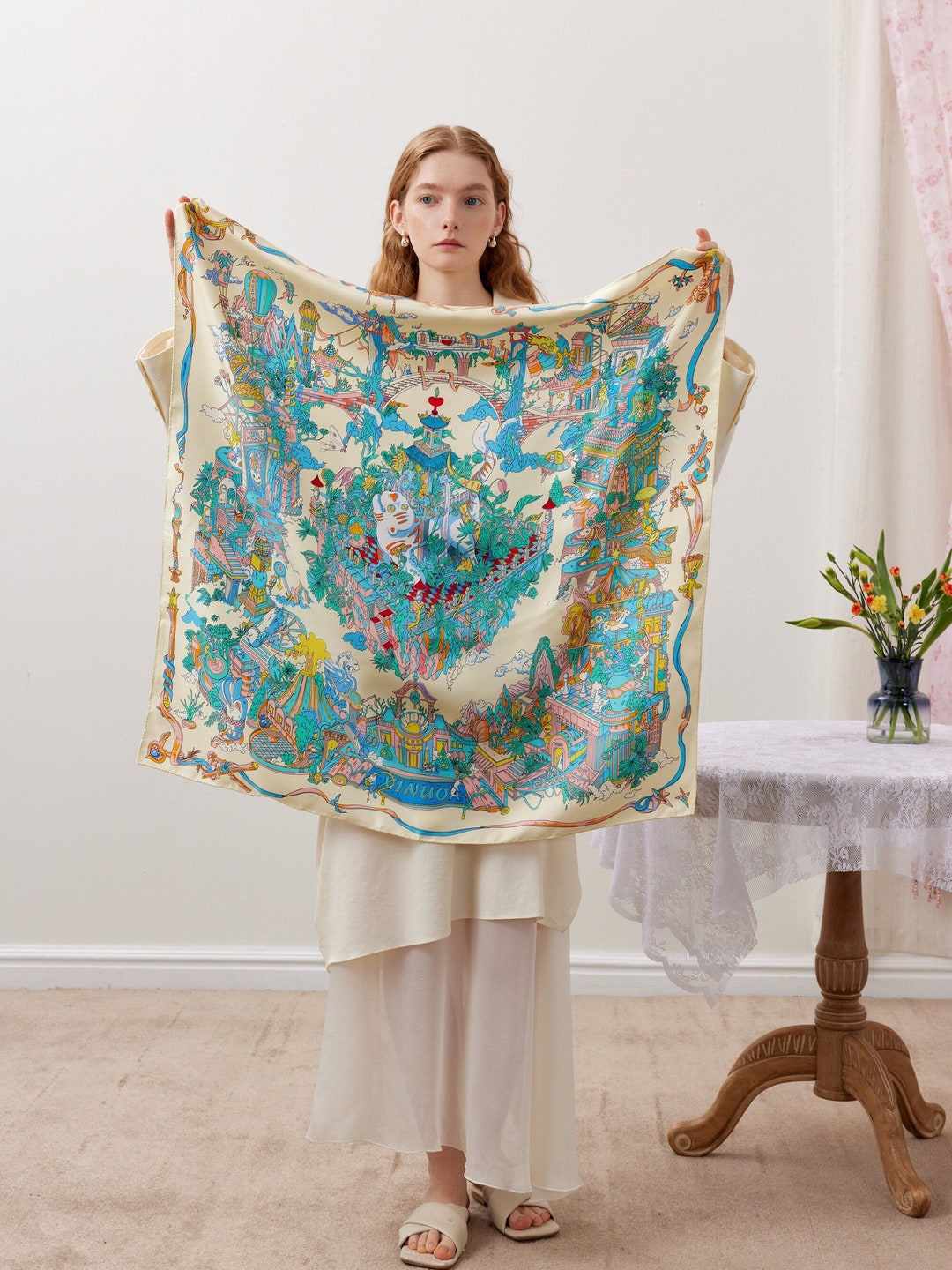 Land of Utopia Island Double Sides Printing Silk Square Scarf Foulard ...