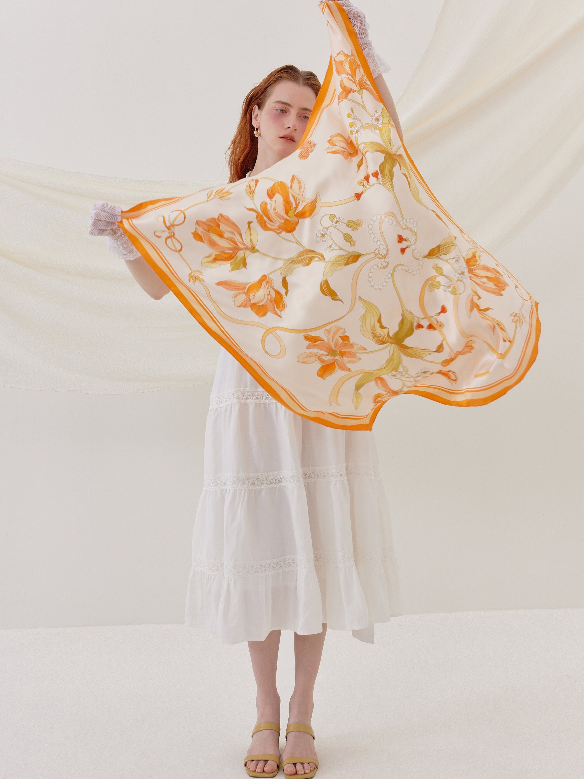 Magnolia Flower Double Sides Printing Silk Satin Square Scarf Foulard ...