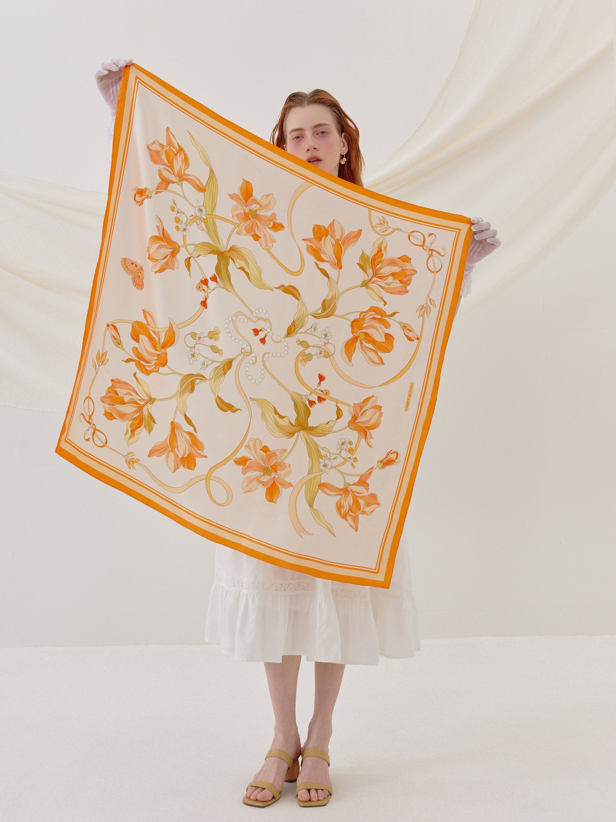 Magnolia Flower Double Sides Printing Silk Satin Square Scarf Foulard ...