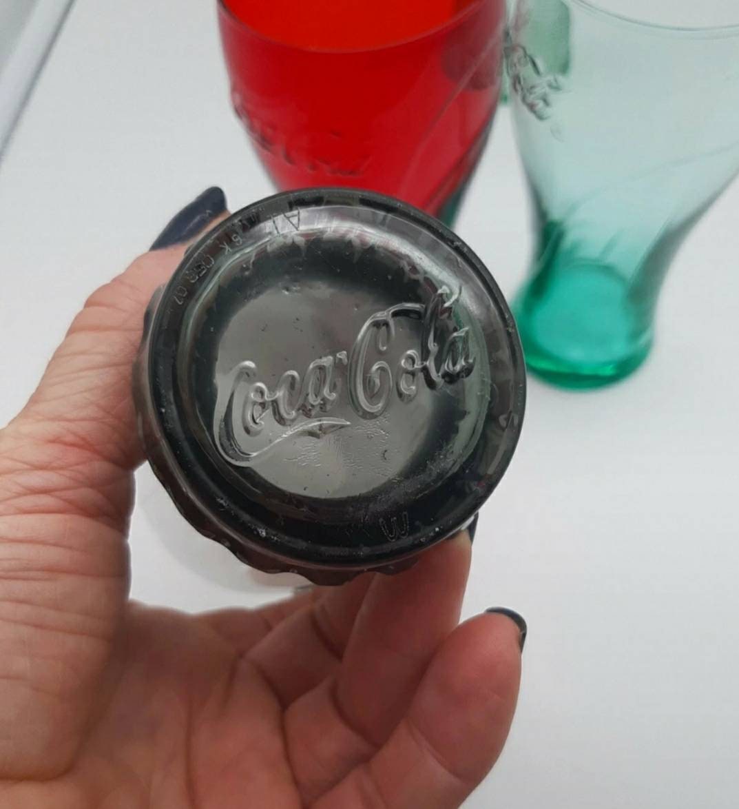 Cap Bottom Coca Cola Glass Old Smokey Glass Set 3 Red Green Blue ...