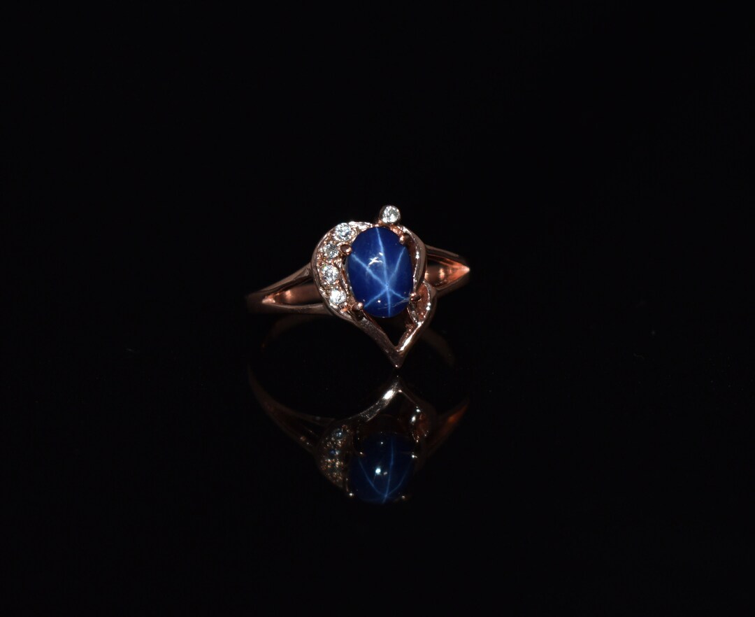 Blue Lindy Star Sapphire Gemstone Ring | 925 Sterling Silver & Rose ...