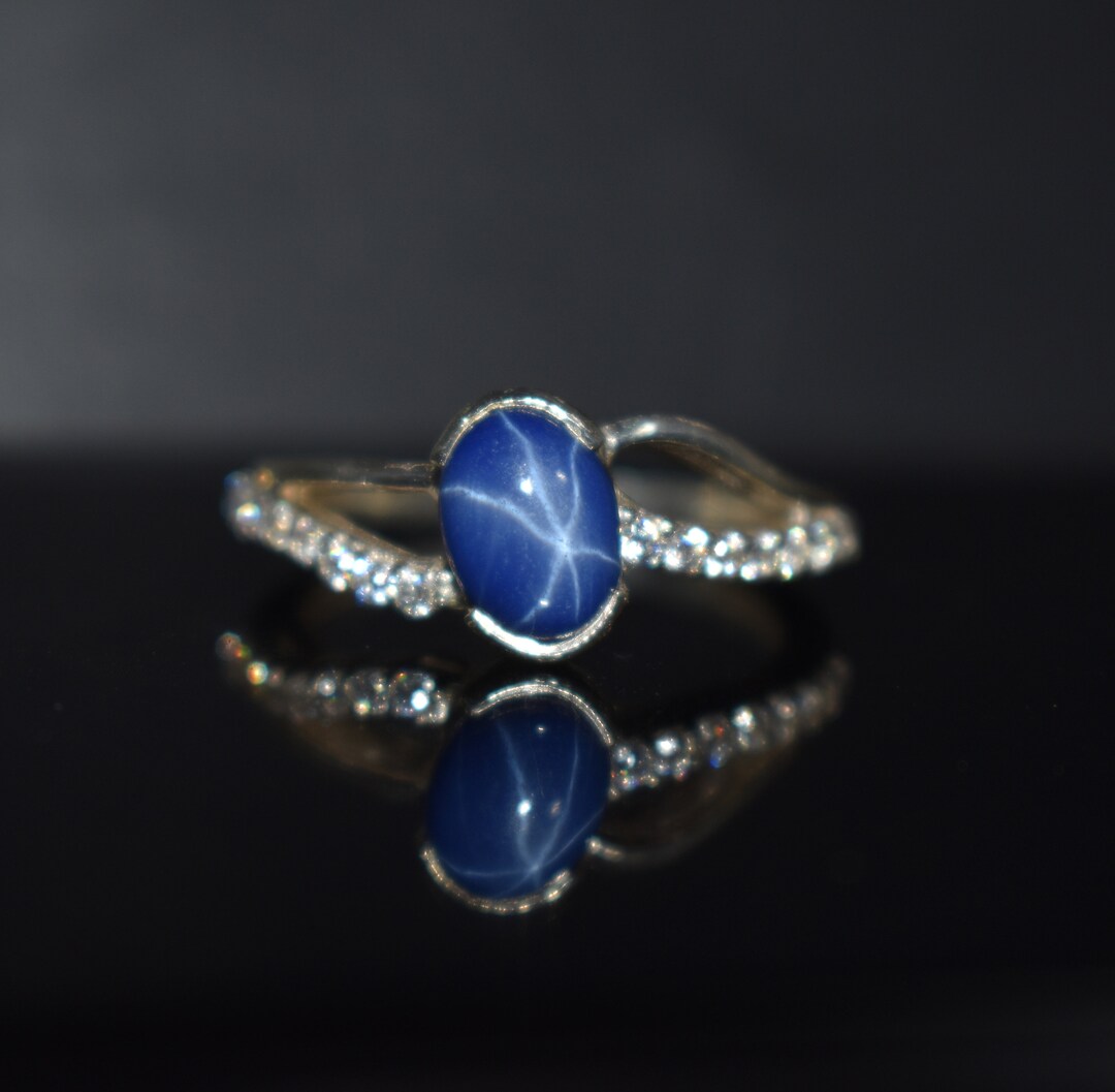 Blue Star Lindy Ring, Star Sapphire Gemstone Ring, 925 Sterling Silver ...