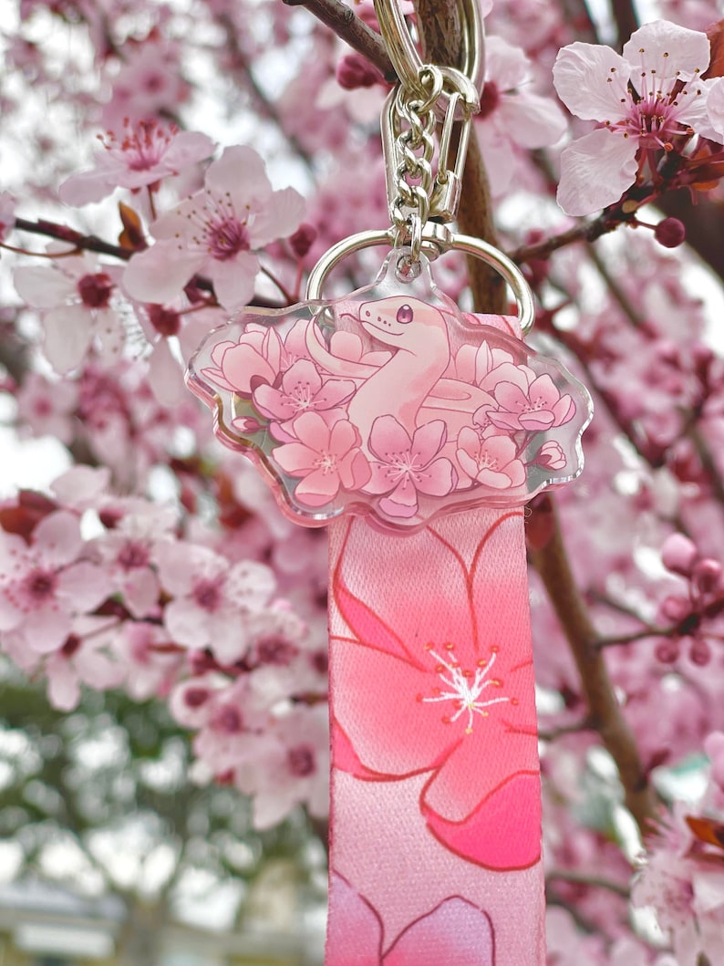 Pink Sakura Cherry Blossom Snake Keychain Wristlet Lanyard - Etsy