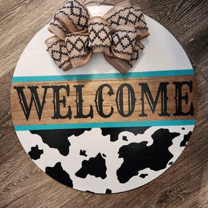 Cow Print Western Welcome Door Sign - Etsy
