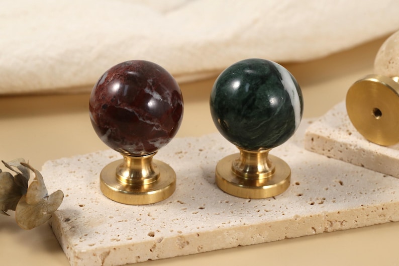 Viola Marble Brass Cabinet Knobs, Travertine Drawer Knobs Handles ...