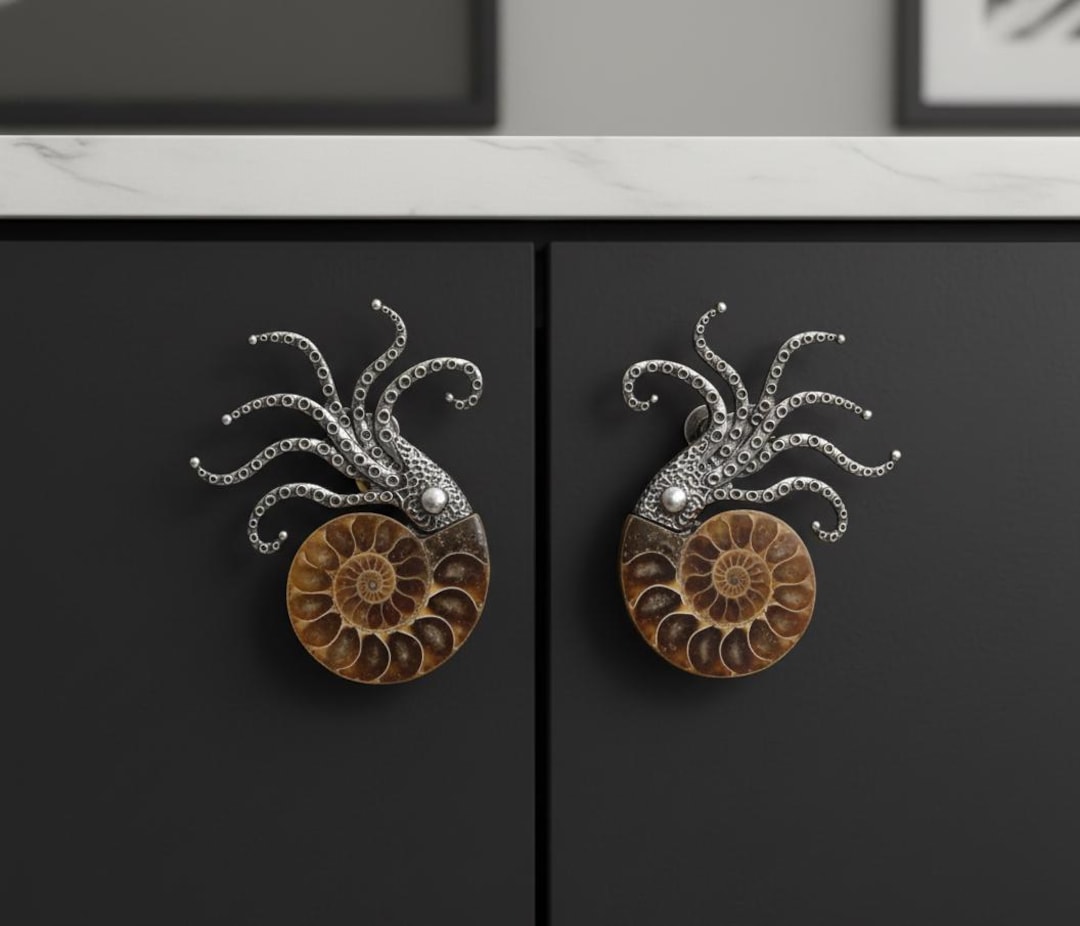 Natural Spotted Cowrie Octopus Drawer Knob, Marine Creature Silver ...