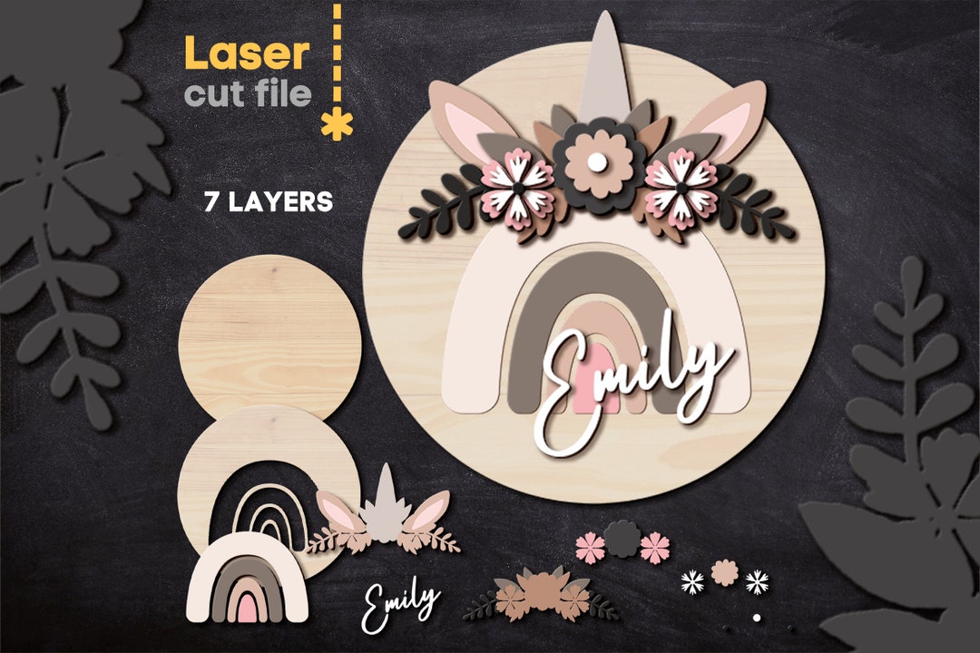 Baby Name Sign SVG. Laser Cut File, Unicorn Rainbow Flowers Set Nursery ...
