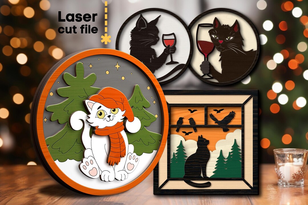 Cats SVG Bundle. Laser Cut File for Glowforge, Cat With Glass of Wine ...