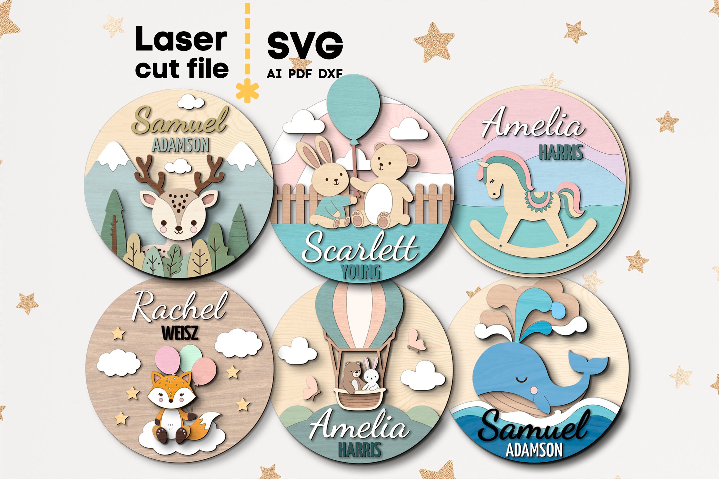 Baby Name Sign SVG Bundle. Laser Cut File for Glowforge, Fox Whale Bear ...