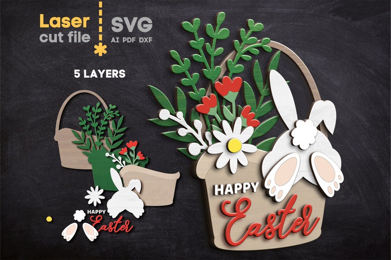 Easter Basket SVG Laser Cut File for Glowforge Rabbit Flowers Home ...
