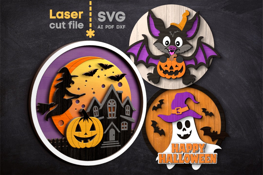 Happy Halloween SVG Bundle. Laser Cut File for Glowforge, Bat Pumpkin ...