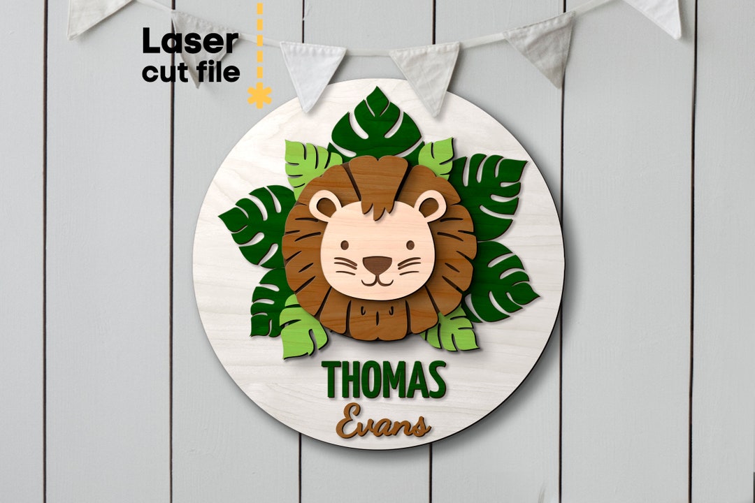 Lion Baby Name Sign SVG. Laser Cut File for Glowforge, Tropical Leaves ...