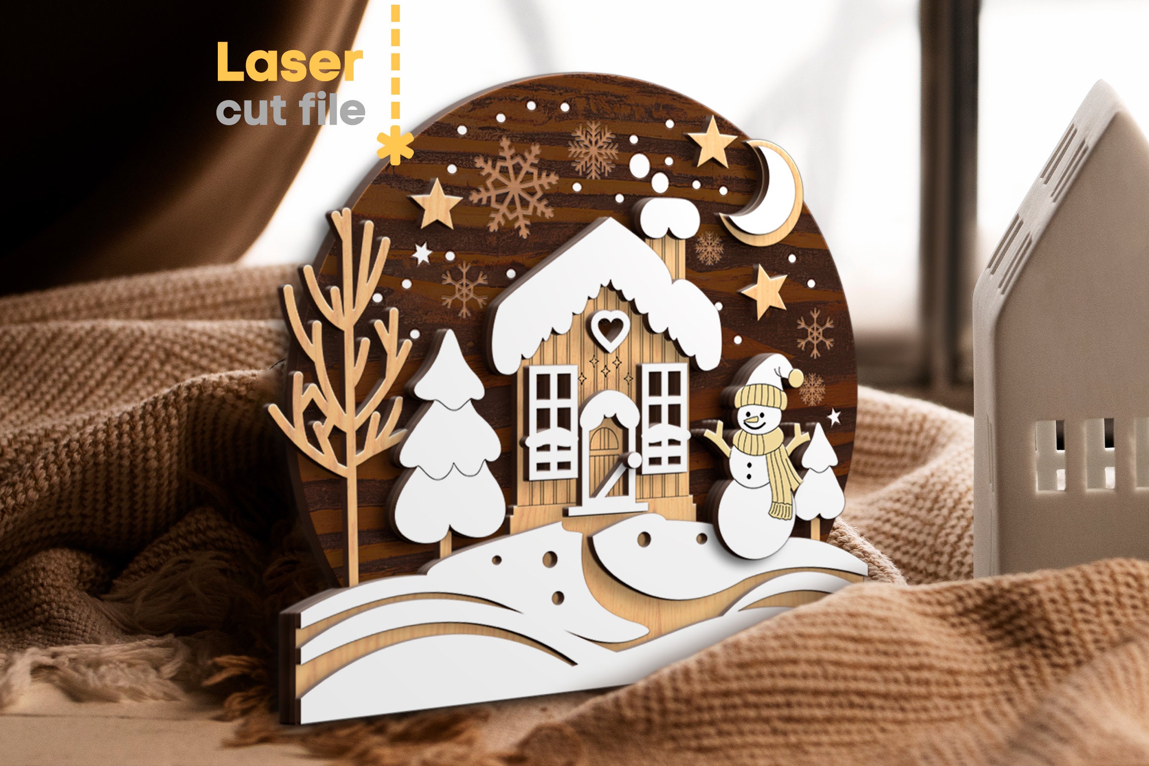 Winter House SVG. Laser Cut File for Glowforge, Snowman Night Forest ...