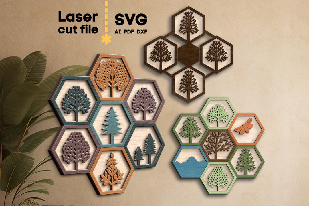 Trees Hexagon SVG Bundle. Laser Cut File for Glowforge, Nature Moth ...