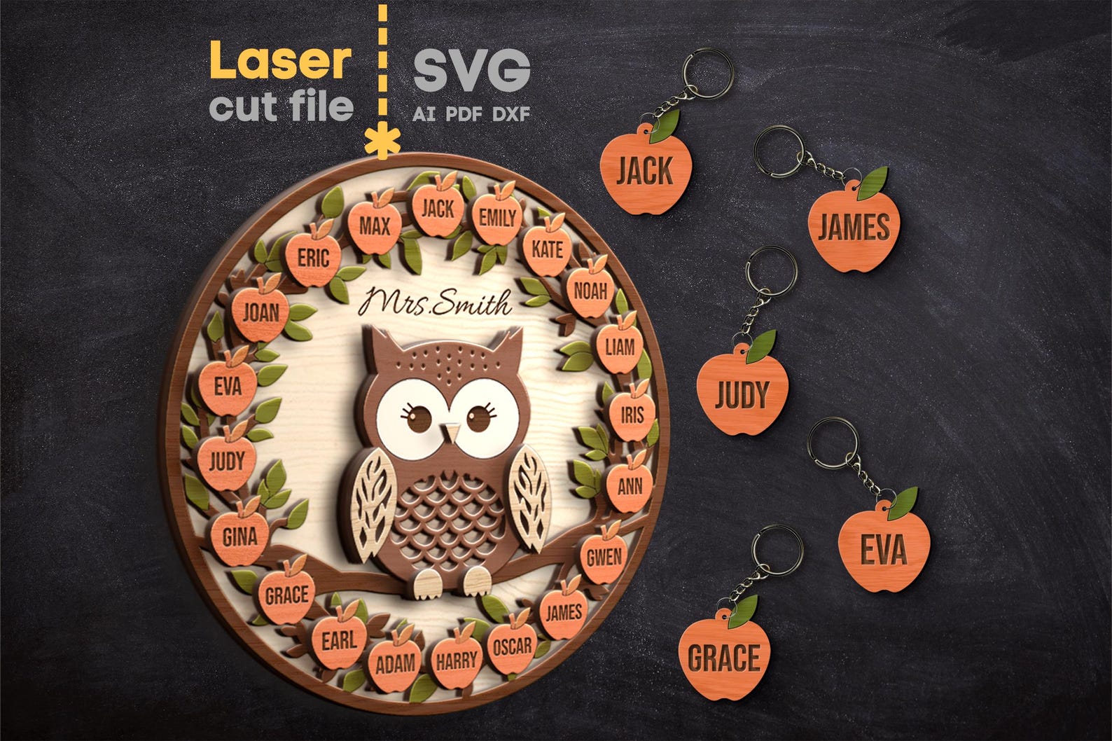 Teacher Sign SVG. Laser Cut File for Glowforge, Owl Apple Keychain ...