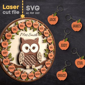 Teacher Sign SVG. Laser Cut File for Glowforge, Owl Apple Keychain ...