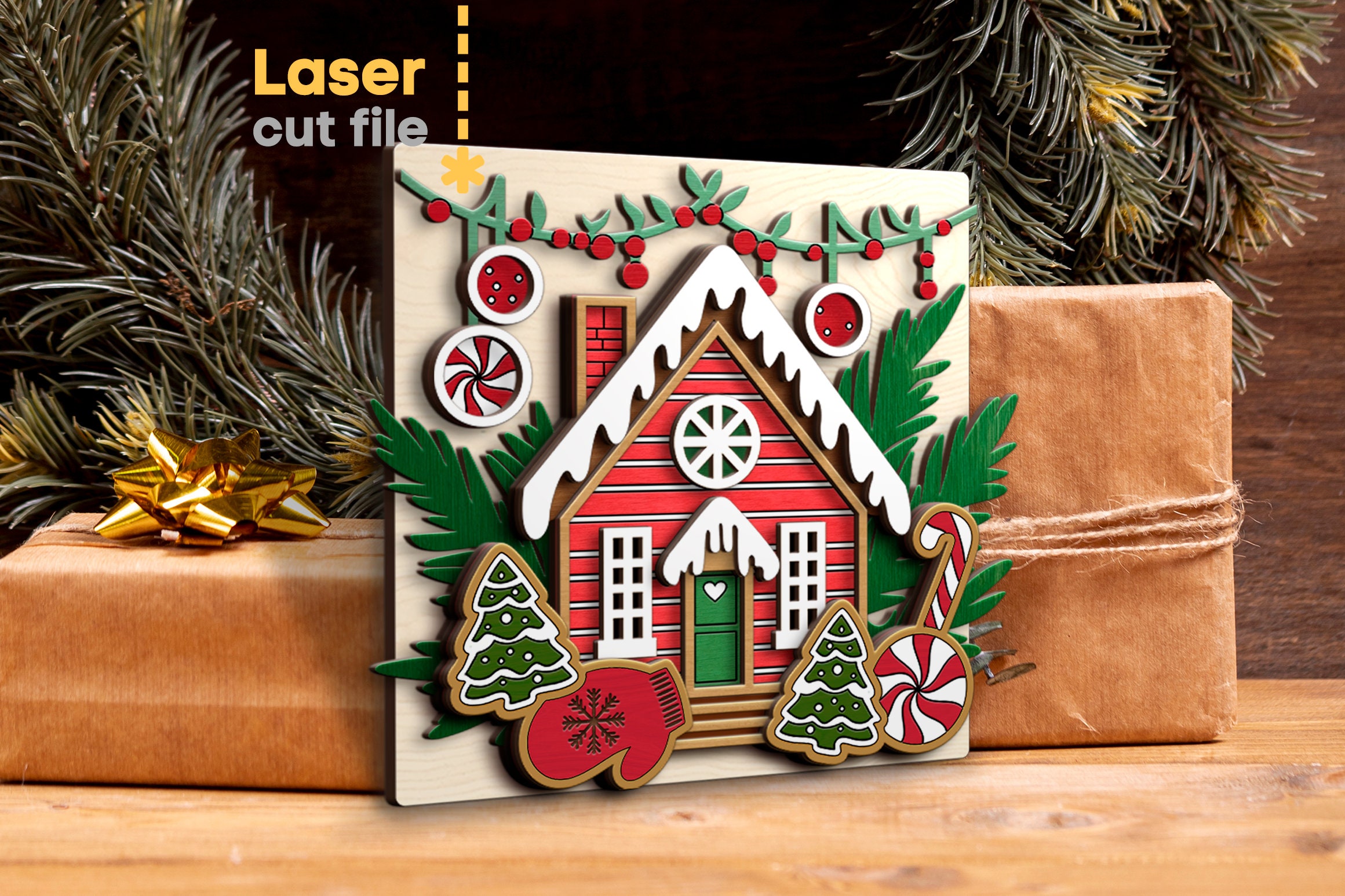 Christmas House SVG. Laser Cut File for Glowforge, Red Christmas Candy ...