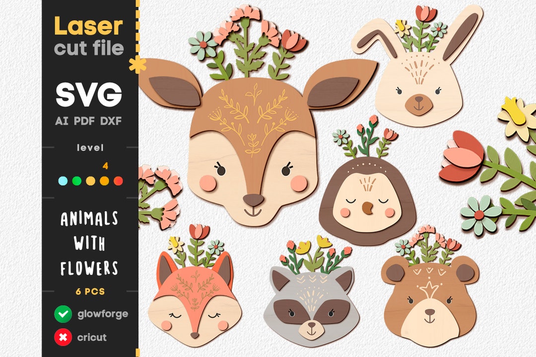 Animals With Flowers SVG Bundle. Laser Cut File for Glowforge - Etsy