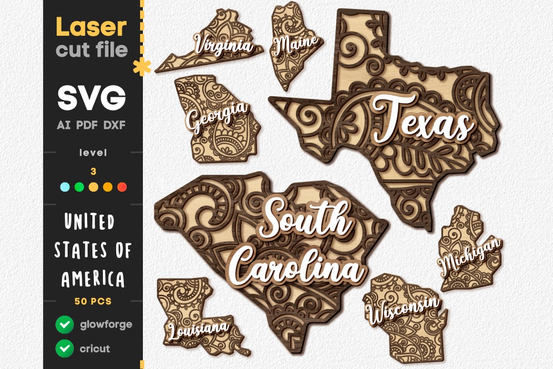 50 American States Bundle SVG. Laser Cut File for Glowforge Cricut ...