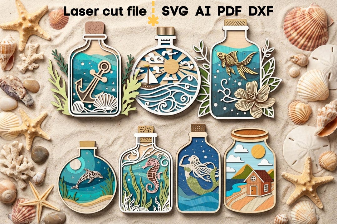 Sea Bottles SVG Bundle. Laser Cut File for Glowforge, Ocean Fish ...