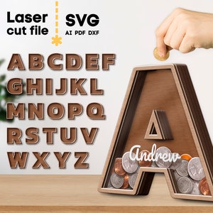 Alphabet Piggy Bank SVG Laser Cut File for Glowforge Name Coin Bank ...