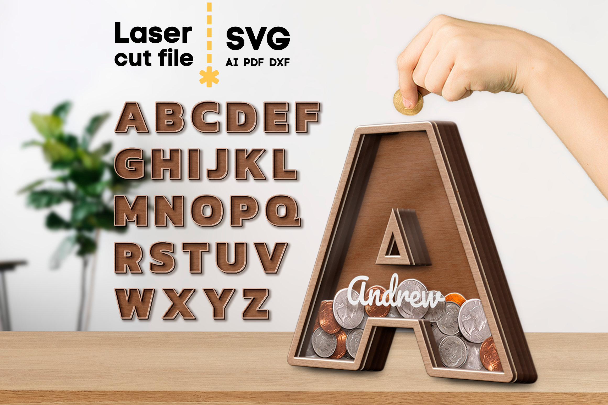 Alphabet Piggy Bank SVG Laser Cut File for Glowforge Name Coin Bank ...