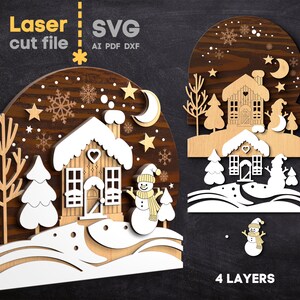 Winter House SVG. Laser Cut File for Glowforge, Snowman Night Forest ...