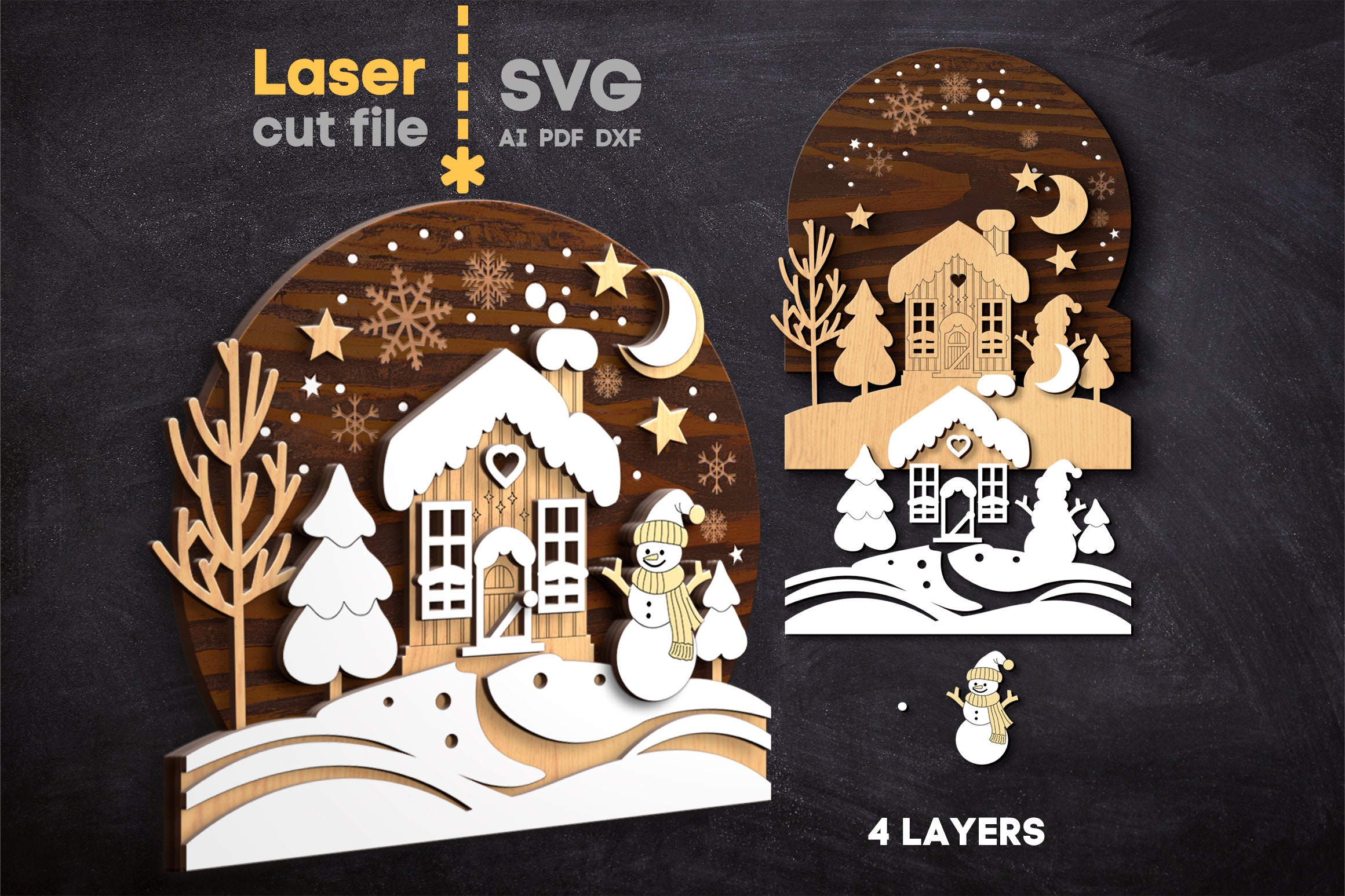 Winter House SVG. Laser Cut File for Glowforge, Snowman Night Forest ...