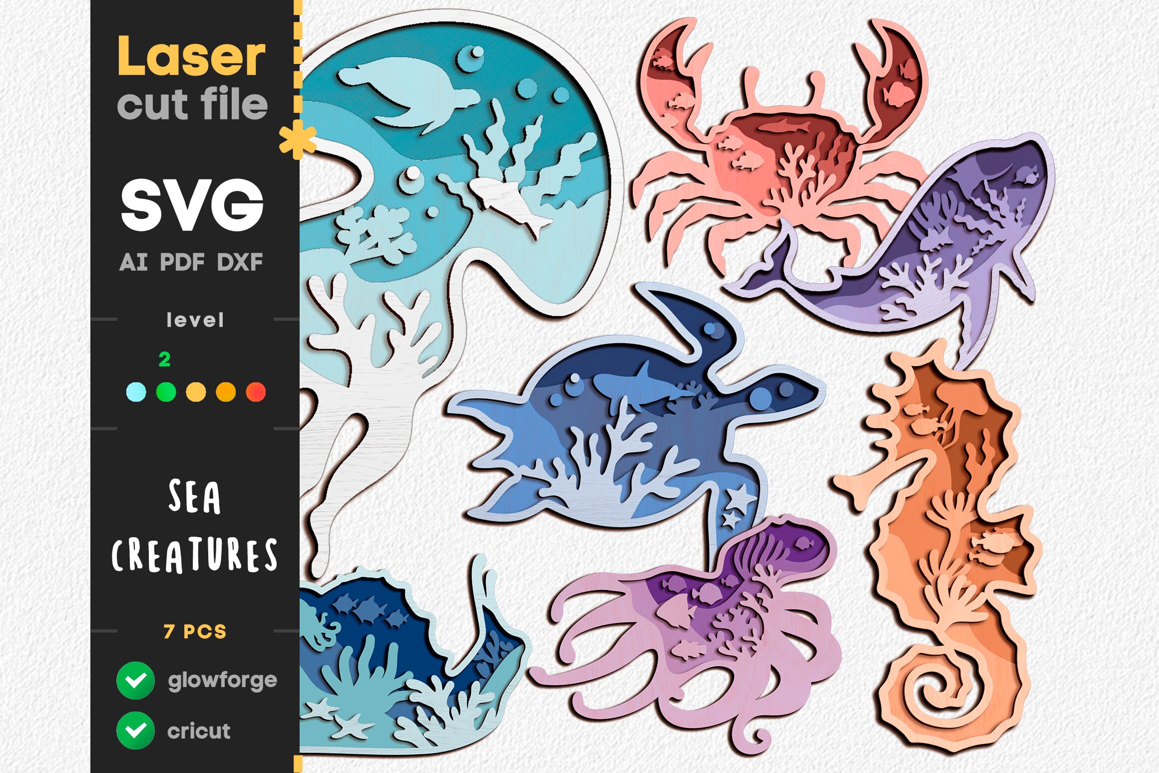 Sea Creatures SVG Bundle Laser Cut File Glowforge Cricut Crab | Etsy