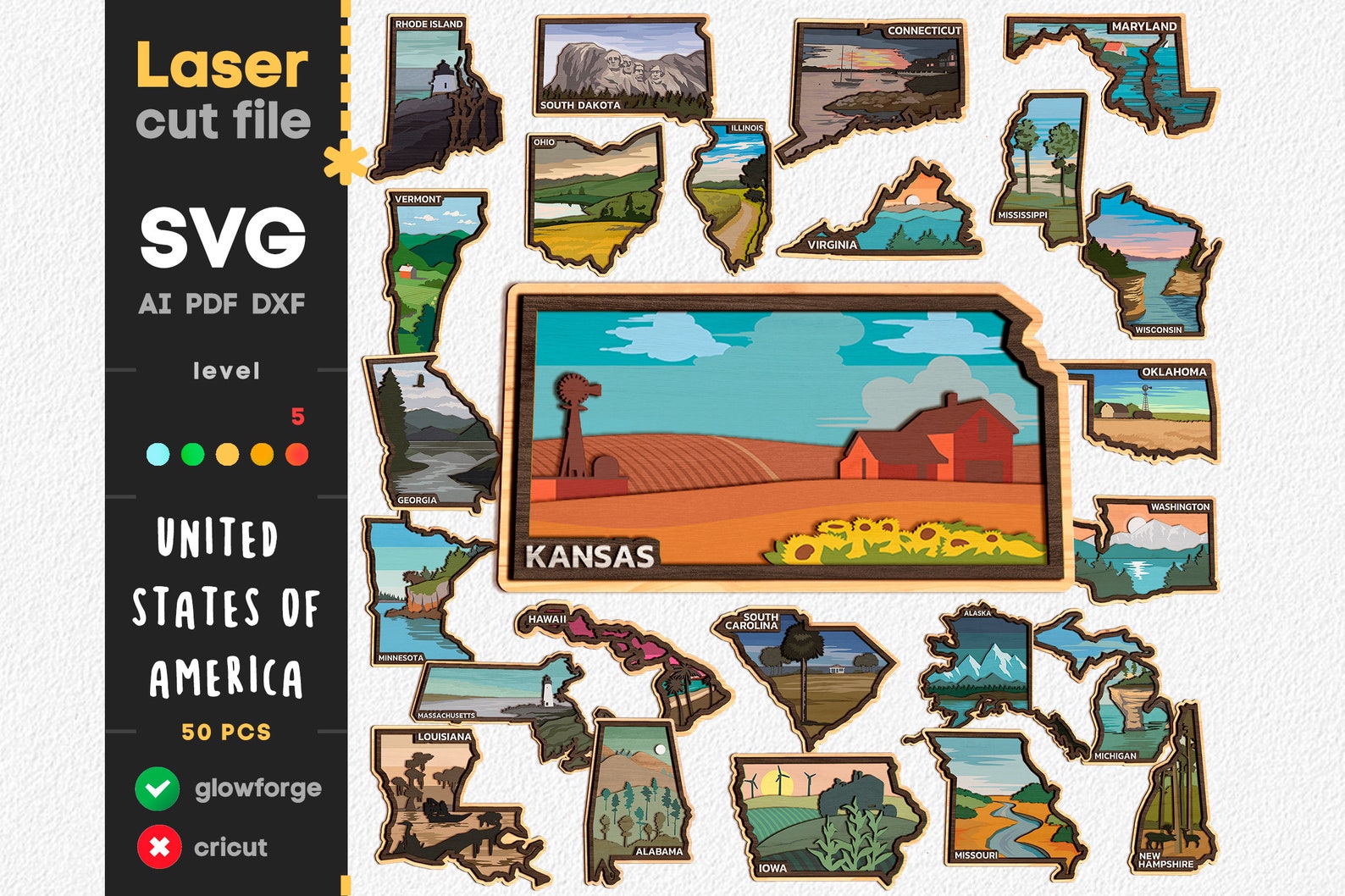 50 American States Bundle SVG. Laser Cut File for Glowforge Cricut ...